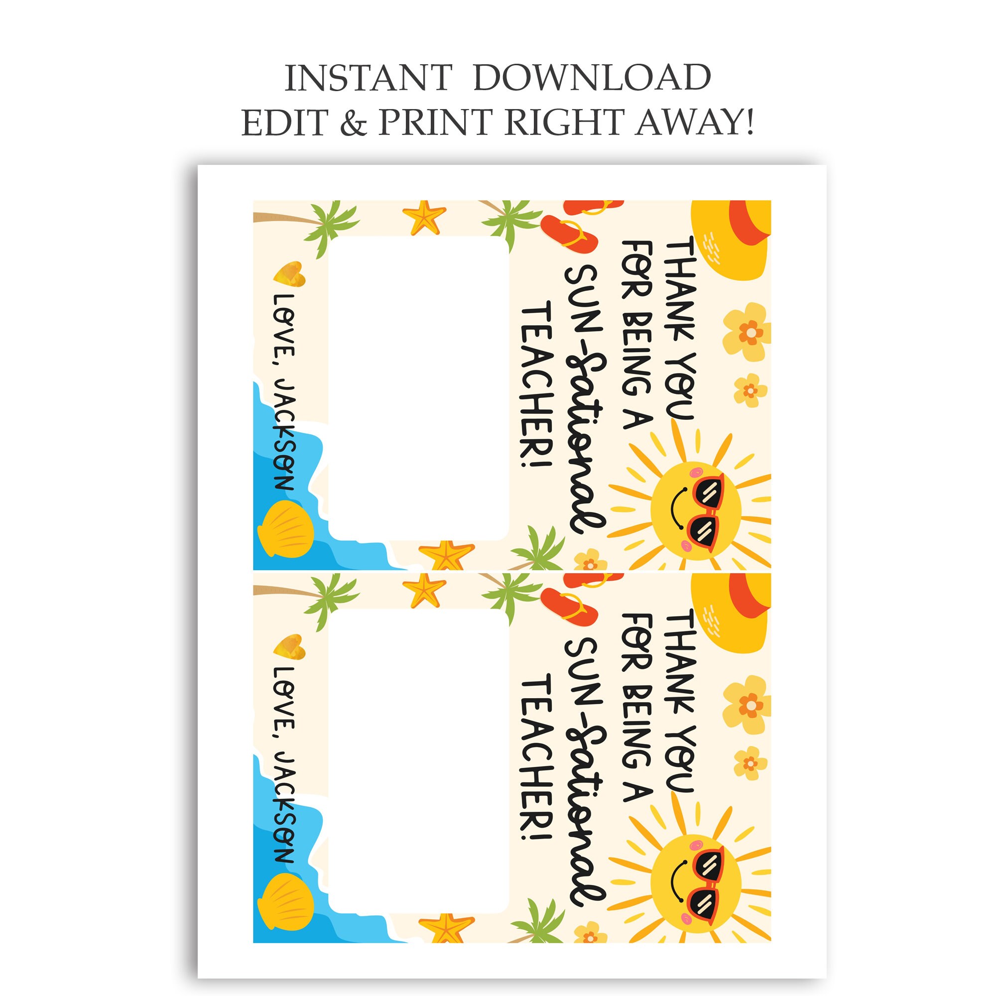 Printable Sun-sational Teacher Appreciation Gift Card Holder, Editable ...