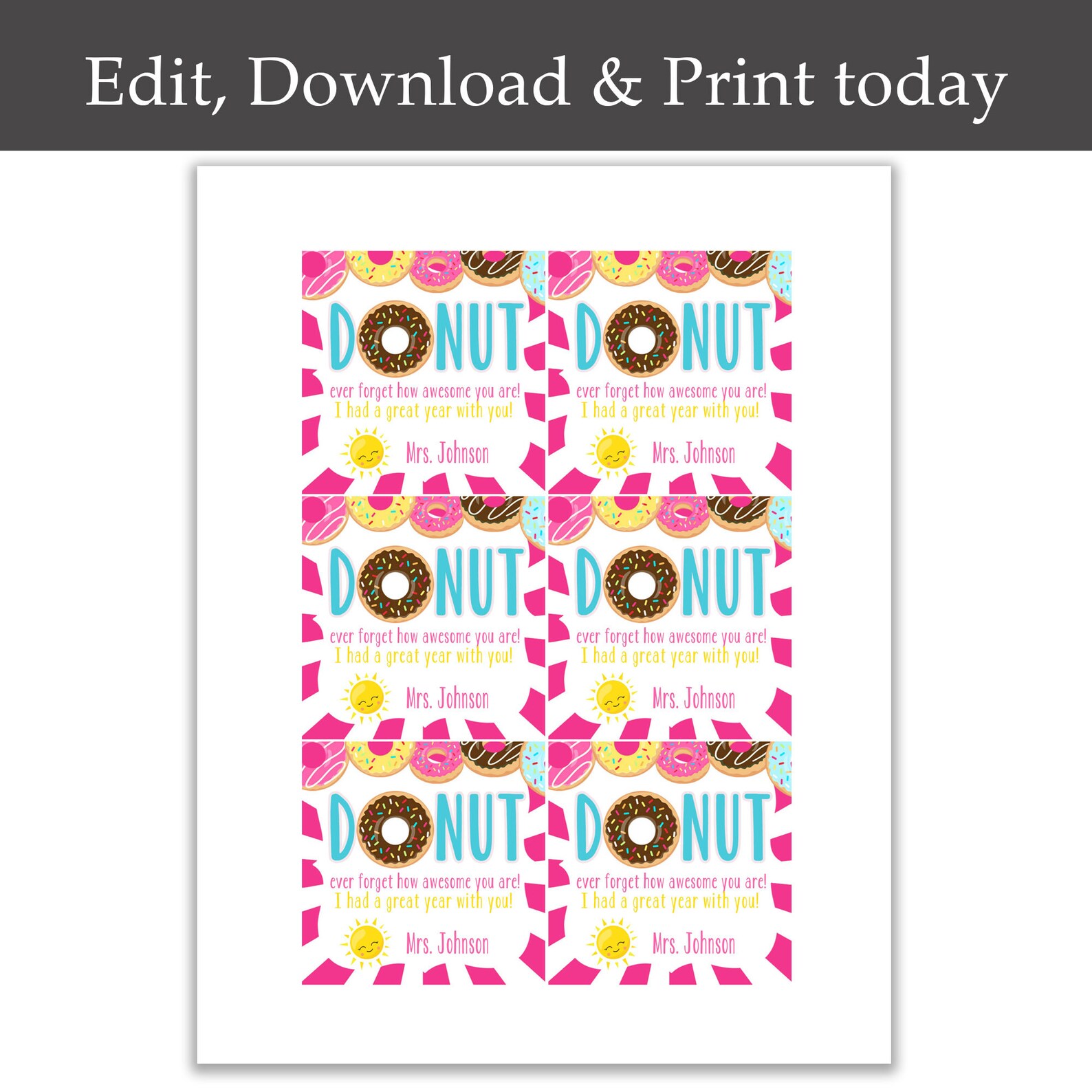 Donut Printable Tag Printable Thank You Teacher Gift - Etsy