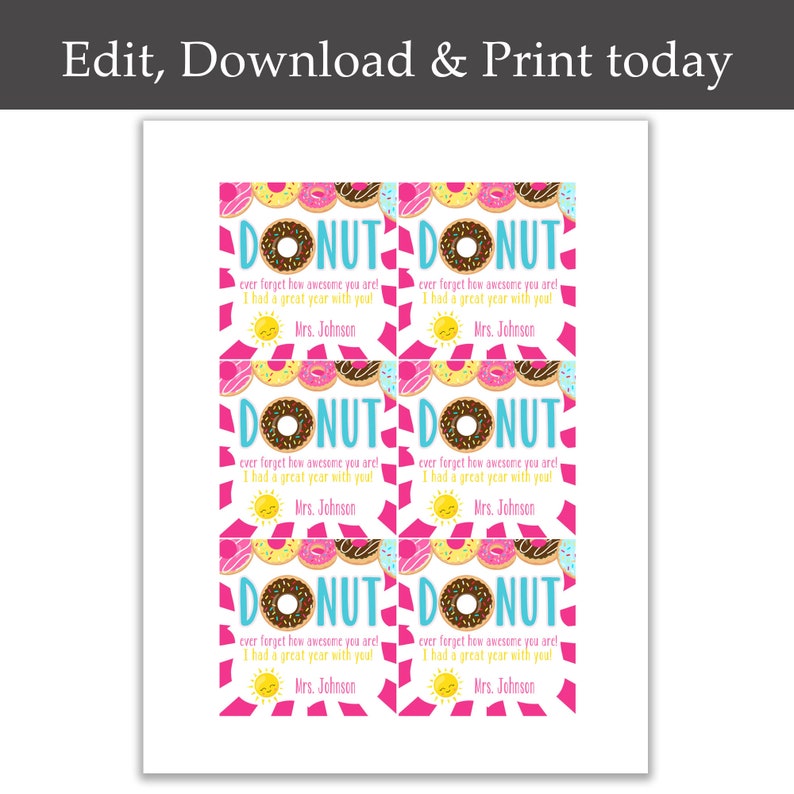 Donut Printable Tag Printable Thank You Teacher Gift - Etsy