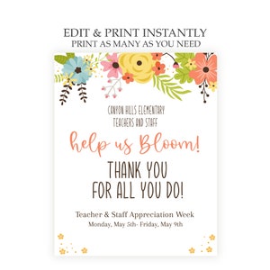 Printable Flower Themed 8x10 Sign, Teacher Appreciation Thank You Sign ...