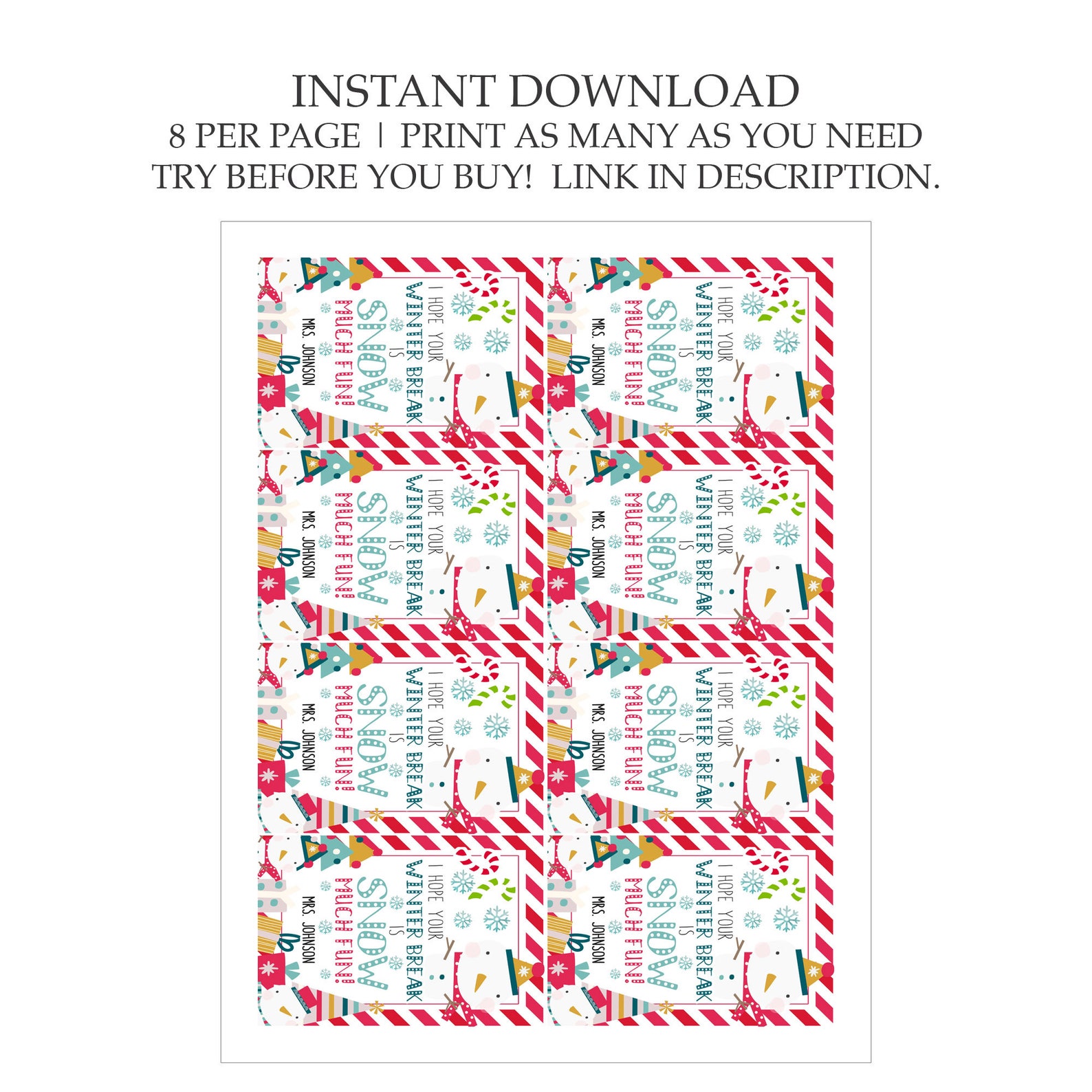 Winter Break Printable Tags Christmas Gift Ideas for Students - Etsy