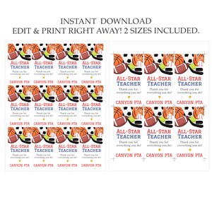 Printable All-star Sports Thank You Tags, Teacher Appreciation Favor ...