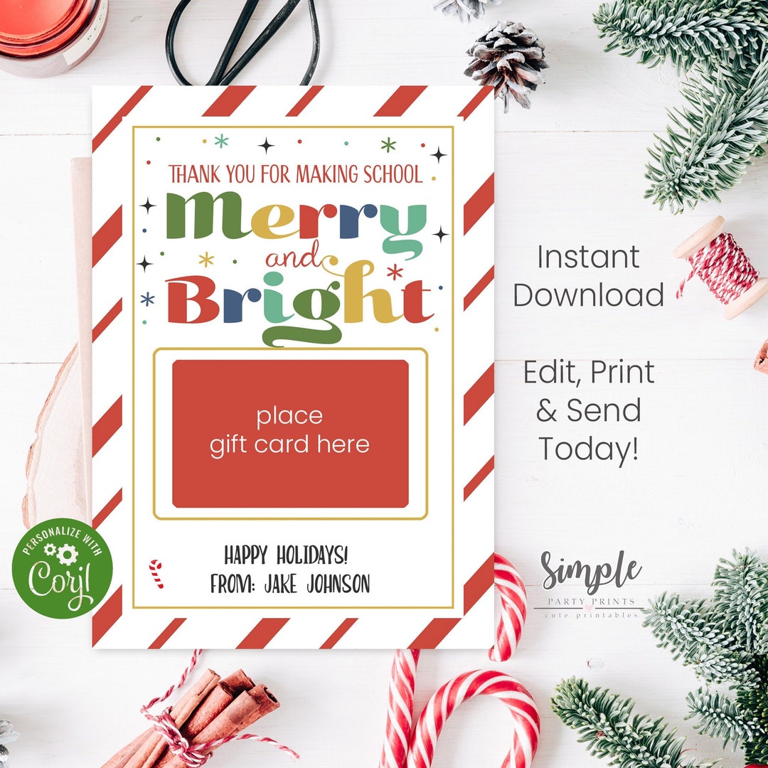 Editable Thank You for Making School Merry & Bright Printable Gift Card ...