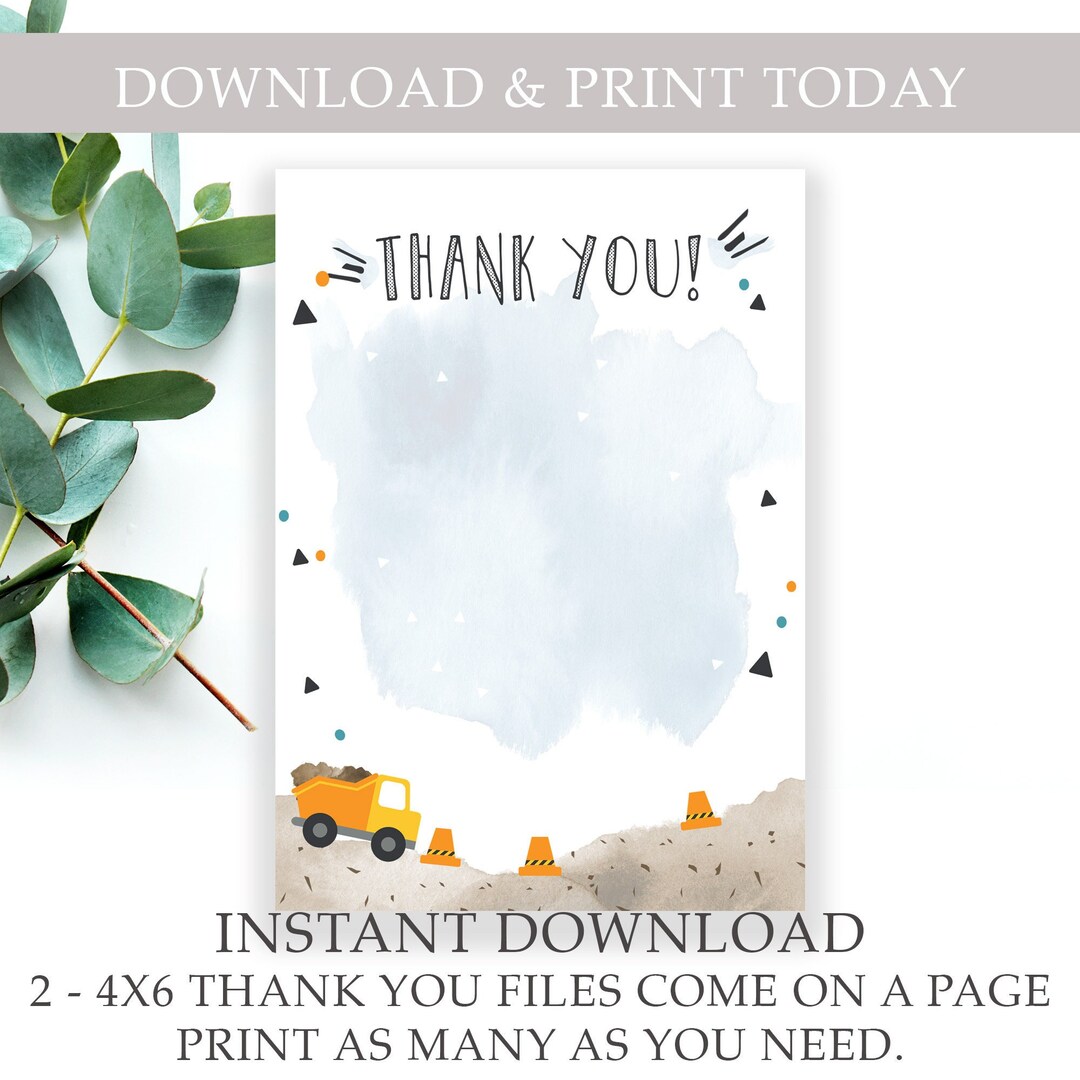Printable Construction Thank You Cards, Boy Birthday Thank You Card ...