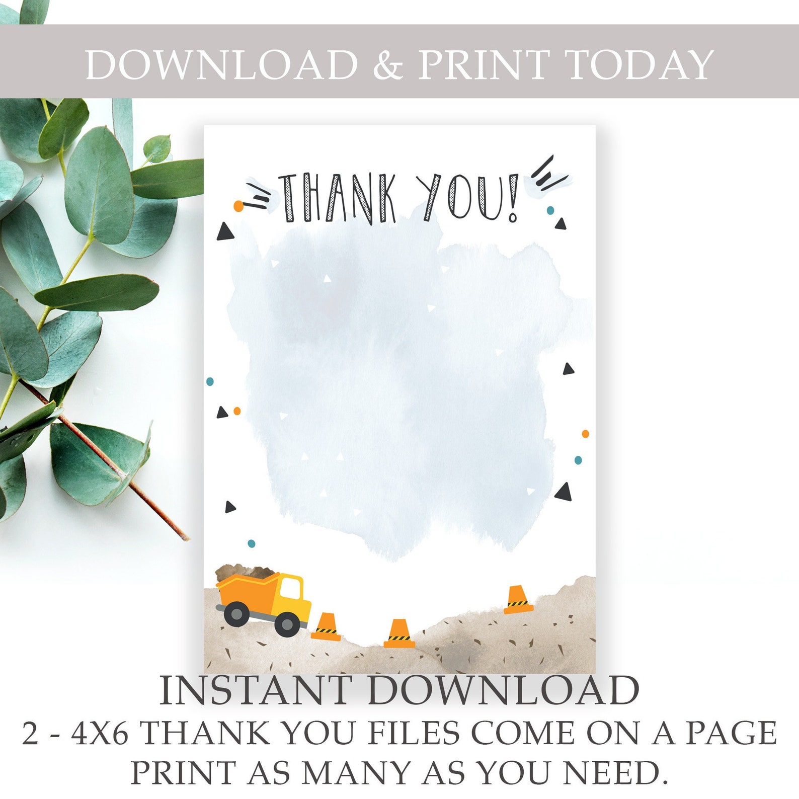 Printable Construction Thank You Cards Boy Birthday Thank You - Etsy
