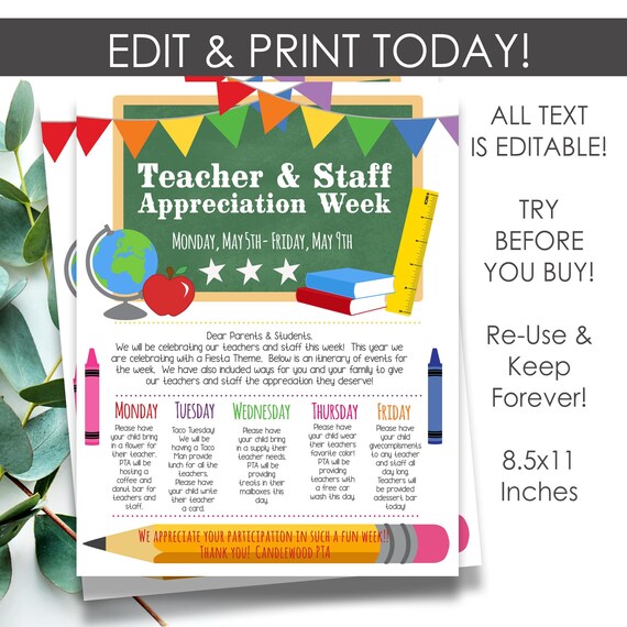 Editable Teacher Appreciation Flyer TAW Instructions Flyers - Etsy