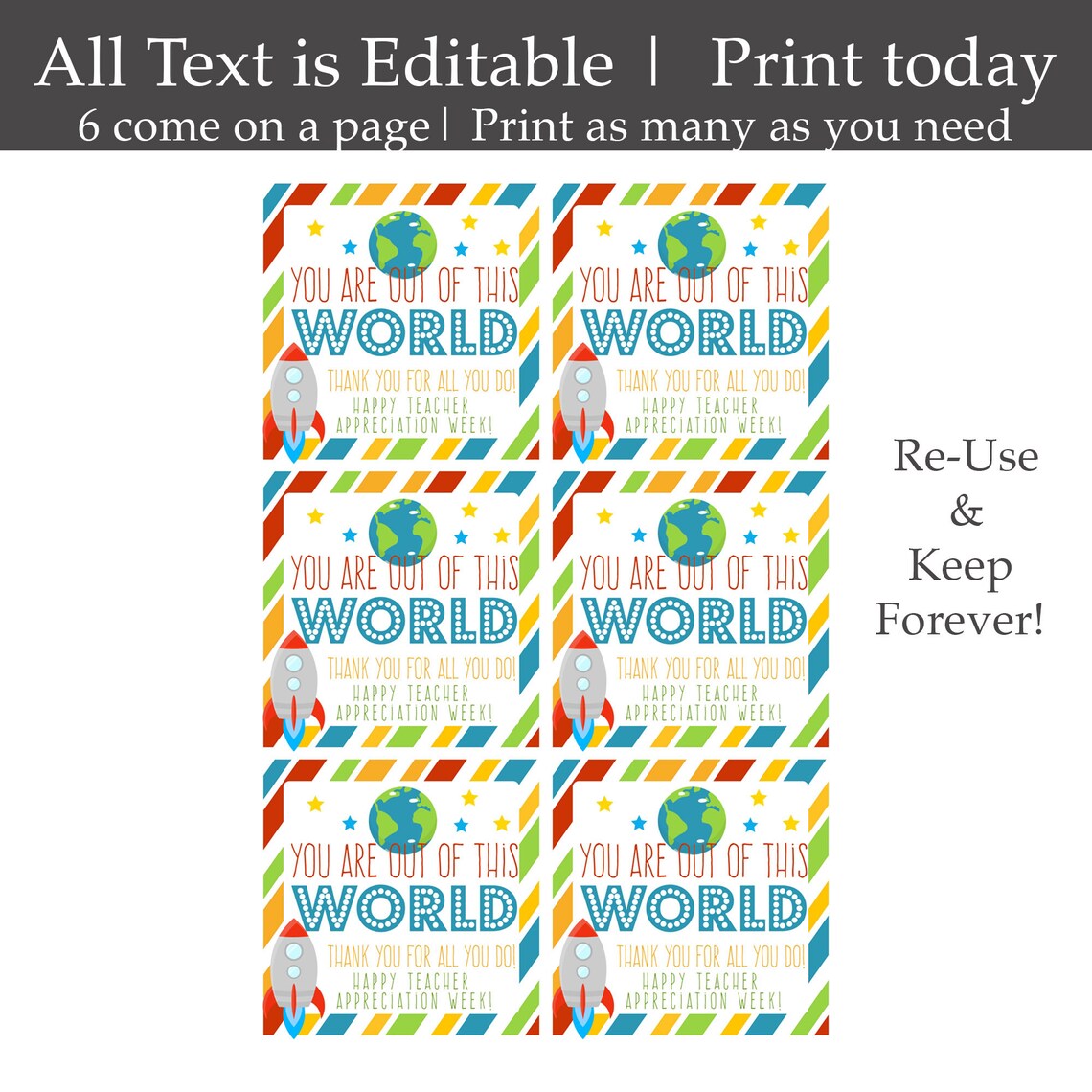 Editable Teacher Appreciation Tags Out of This World Themed | Etsy