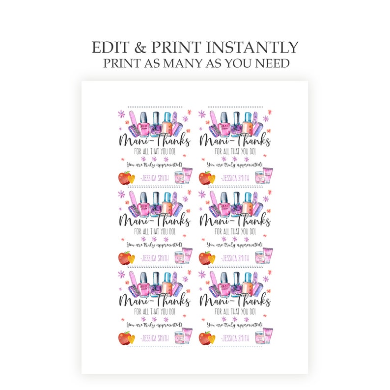 Editable Manicure Gift Tag, Printable Teacher Appreciation Gift Tags ...