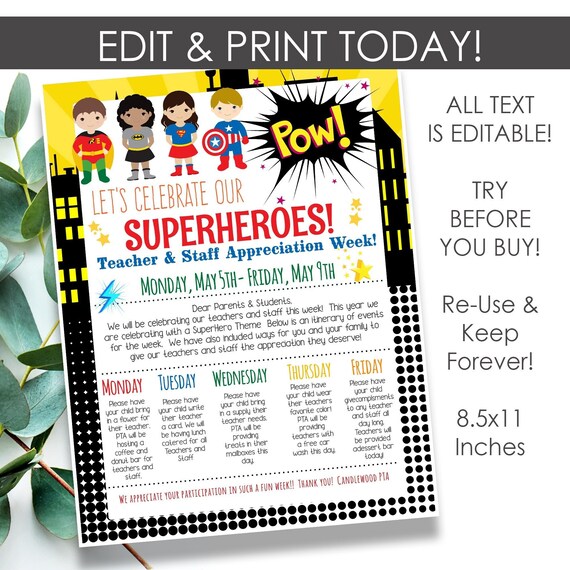 Editable SuperHero Flyer, Teacher Appreciation Instructions Flyers ...