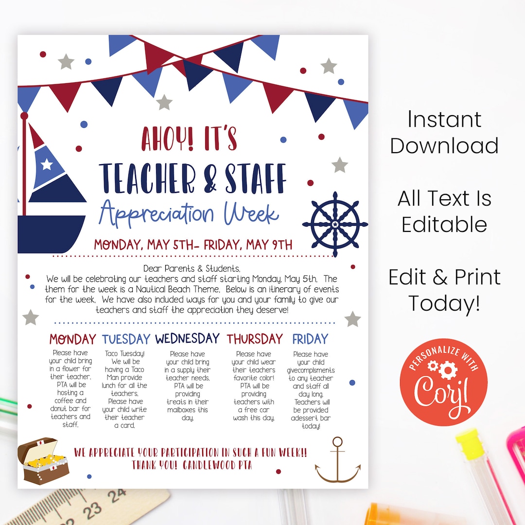 Printable Nautical Themed Teacher Appreciation Week Flyer, TAW ...