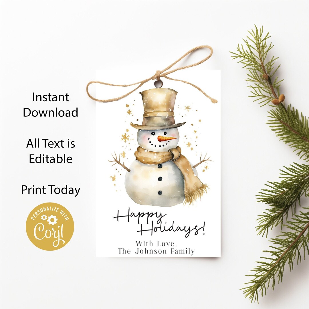 Snowman Gift Tags - Merry Christmas Holiday Favor Tag, Watercolor ...