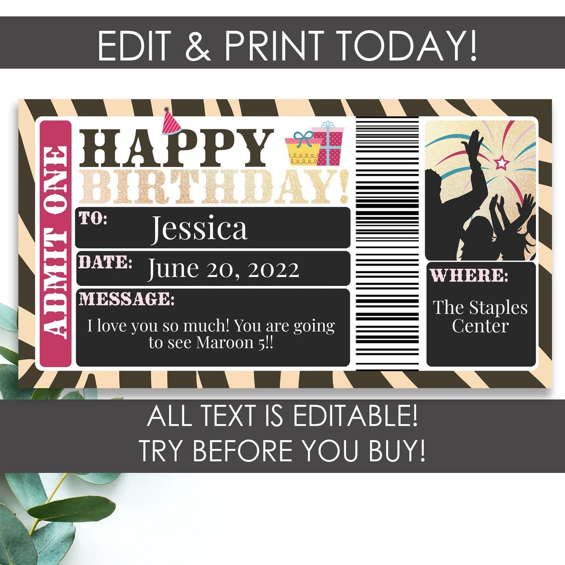 Printable Concert Ticket Template Show Certificate Gift | Etsy