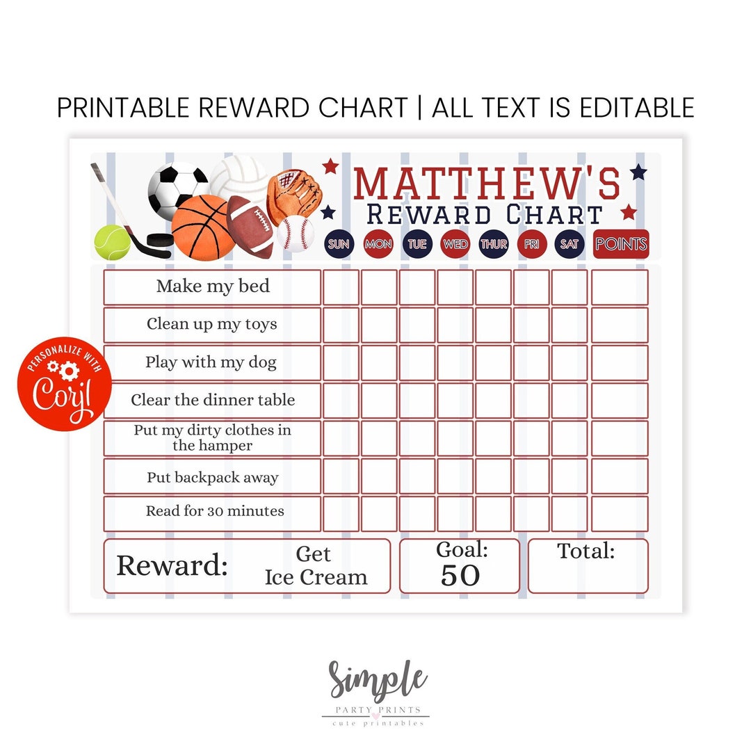 Kids Reward Chart Printable Chore Charts for Children Editable Reward ...