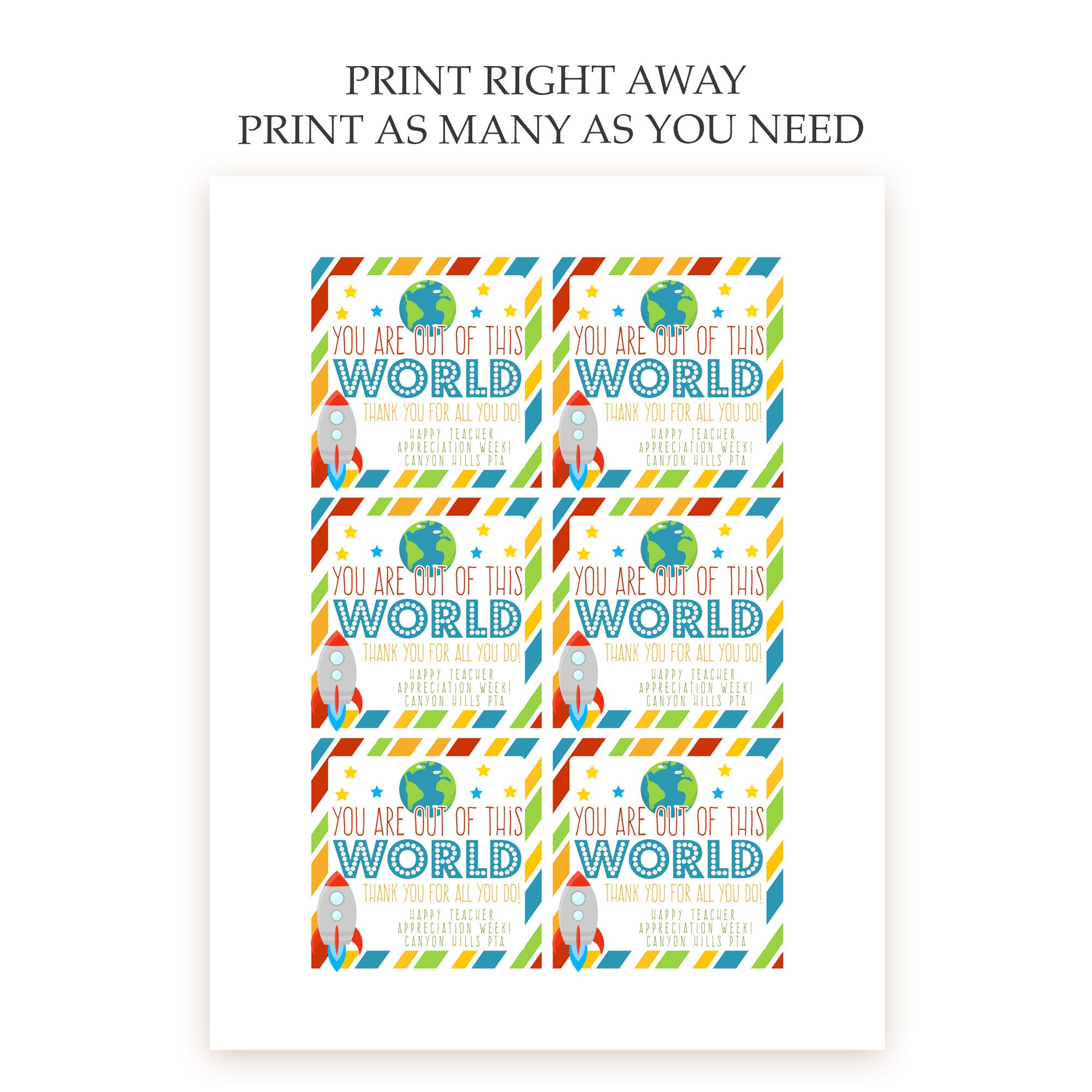 Editable Teacher Appreciation Tags Out of This World Themed - Etsy