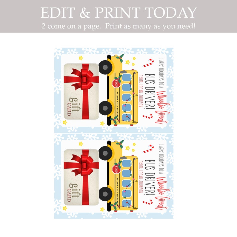 Editable School Bus Driver Gift Card Holder Printable - Etsy