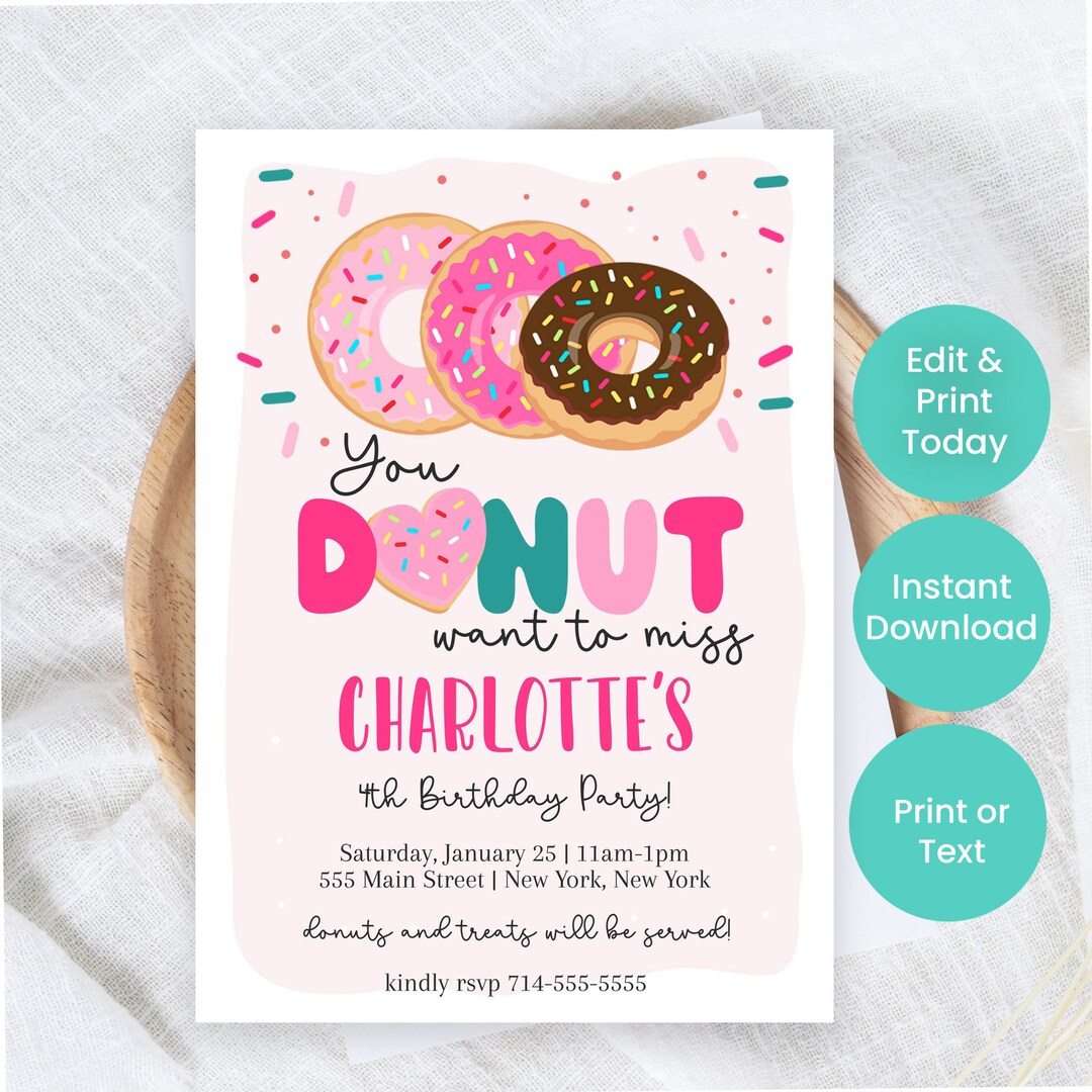 Donut Birthday Party Invitations | Girl Birthday Invite | Editable ...