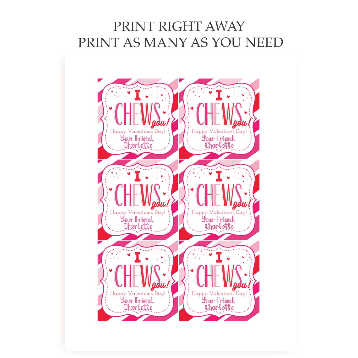 Printable Valentine's Day I Chews You Tags for Kids - Etsy