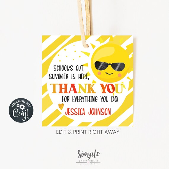 Printable Bright Summer Thank You Tag, End of the School Year Gift ...