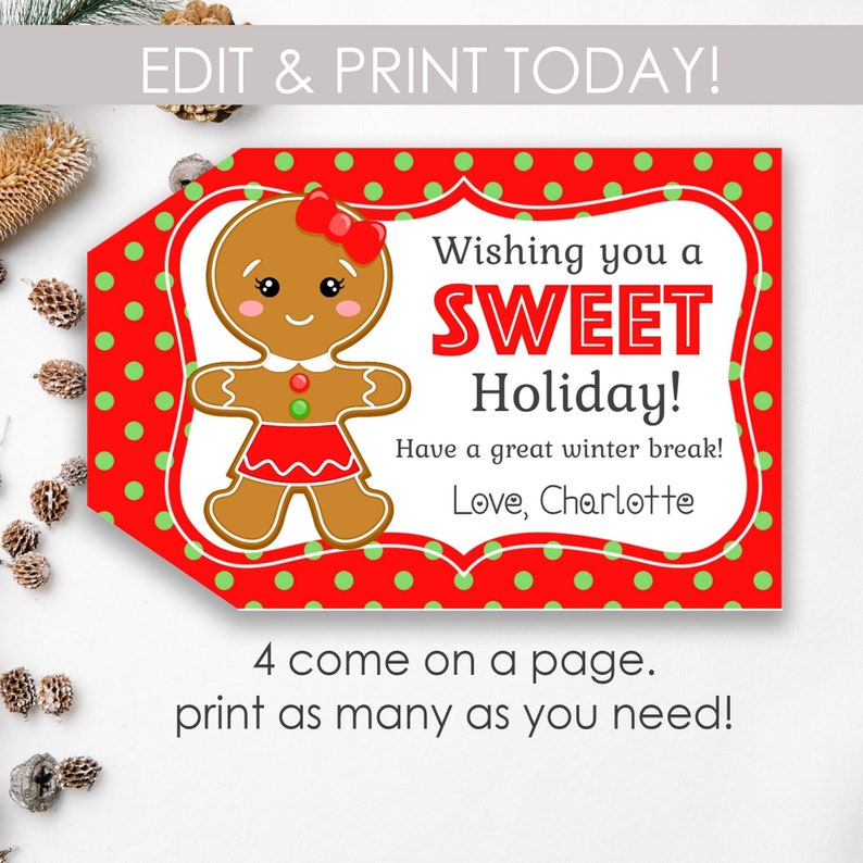 Gingerbread Man Printable Gift Tags, Girl Holiday Tags, Christmas ...
