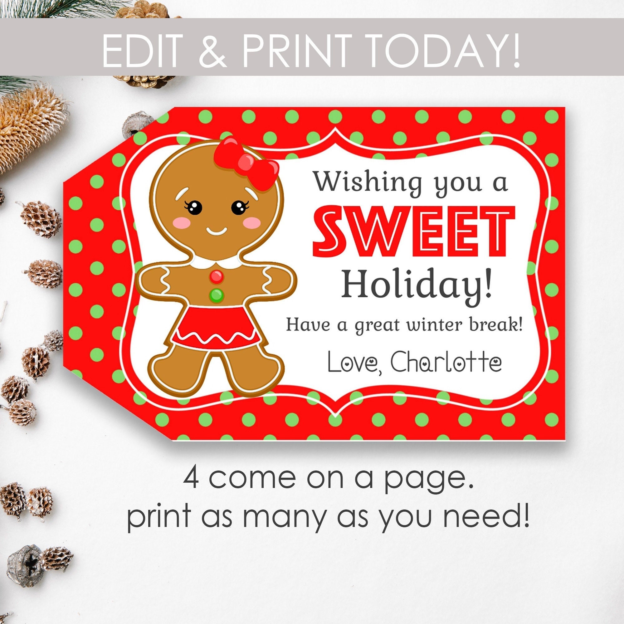 Gingerbread Man Printable Gift Tags Girl Holiday Tags - Etsy