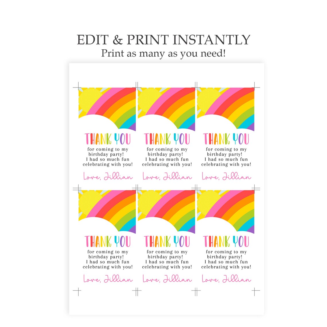 Editable Bright Rainbow Favor Tags, Personalized Rainbow Birthday Thank ...