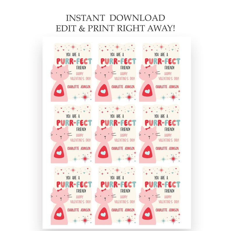 Printable Purr-fect Friend Valentine's Day Tags, Classroom Exchange ...