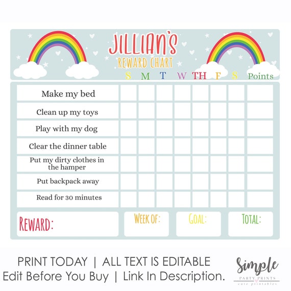Editable Rainbow Reward Chart, Personalized Colorful Responsibility ...