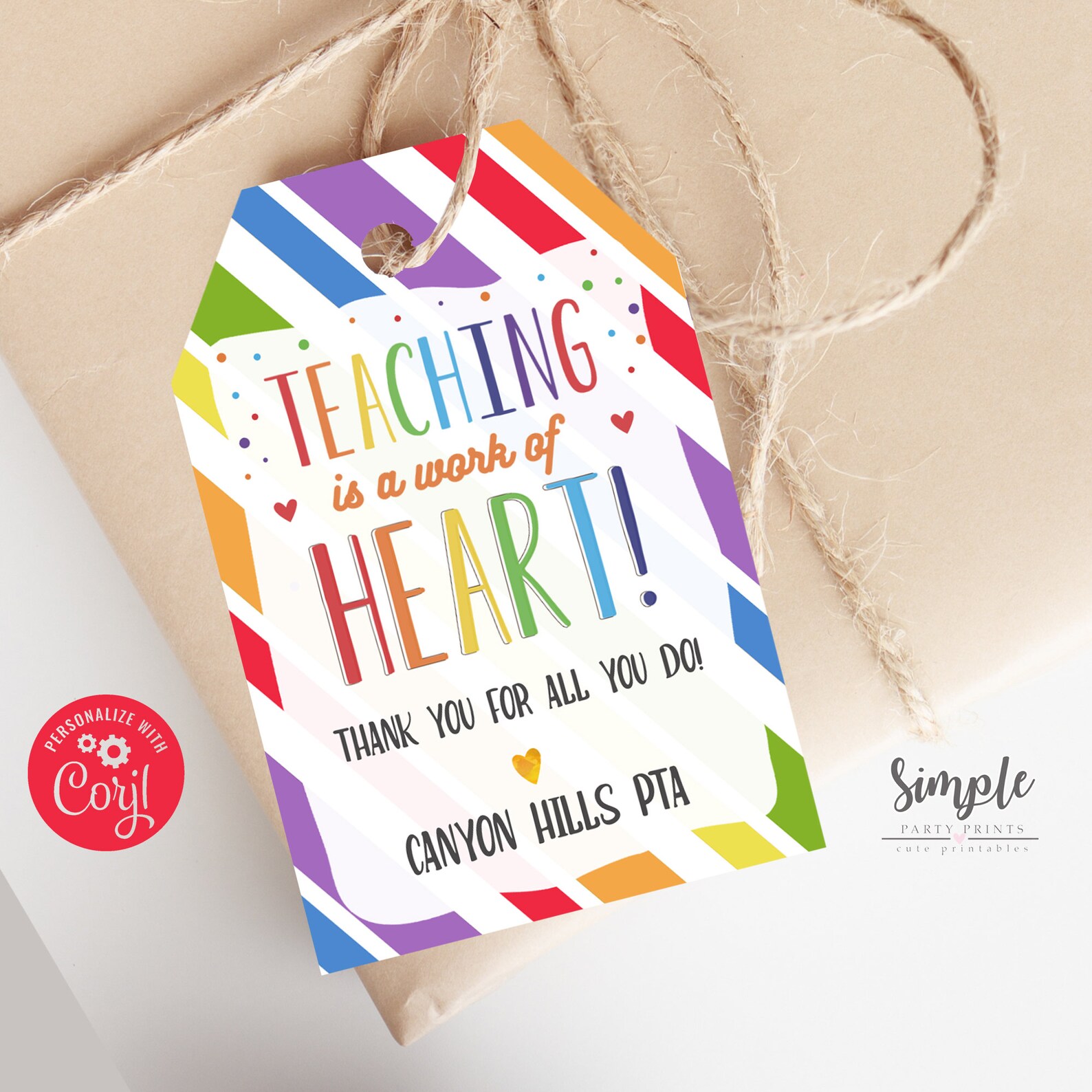 Printable Rainbow Thank You Tags for Teachers Work of Heart - Etsy