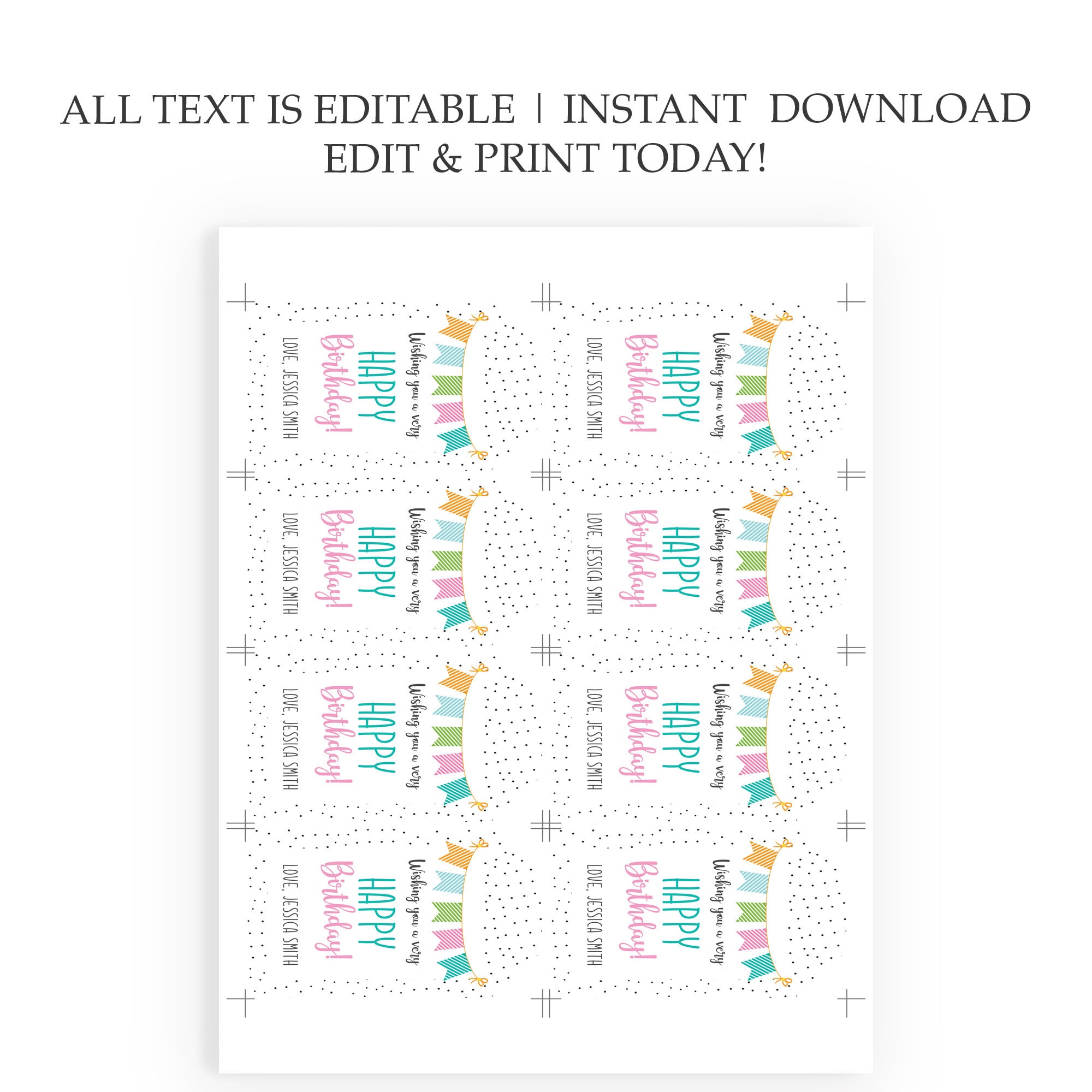 Printable Happy Birthday Tag, Editable Cute Colorful Gift Label, Custom ...