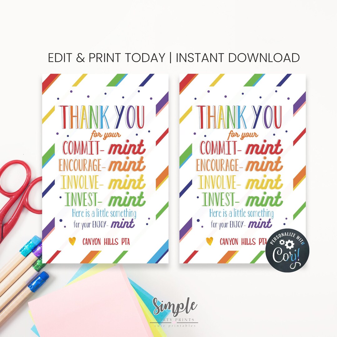 Printable Rainbow Thank You Tags for Teachers, Encourage Mint Favor ...