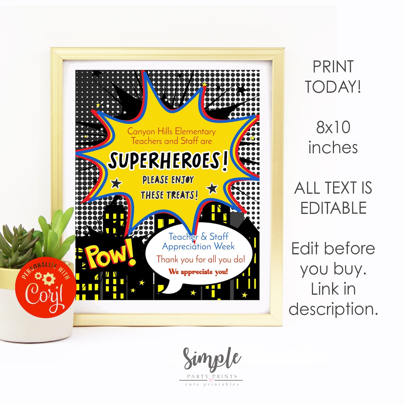 Printable Superhero Themed 8x10 Sign, Teacher Appreciation Thank You ...
