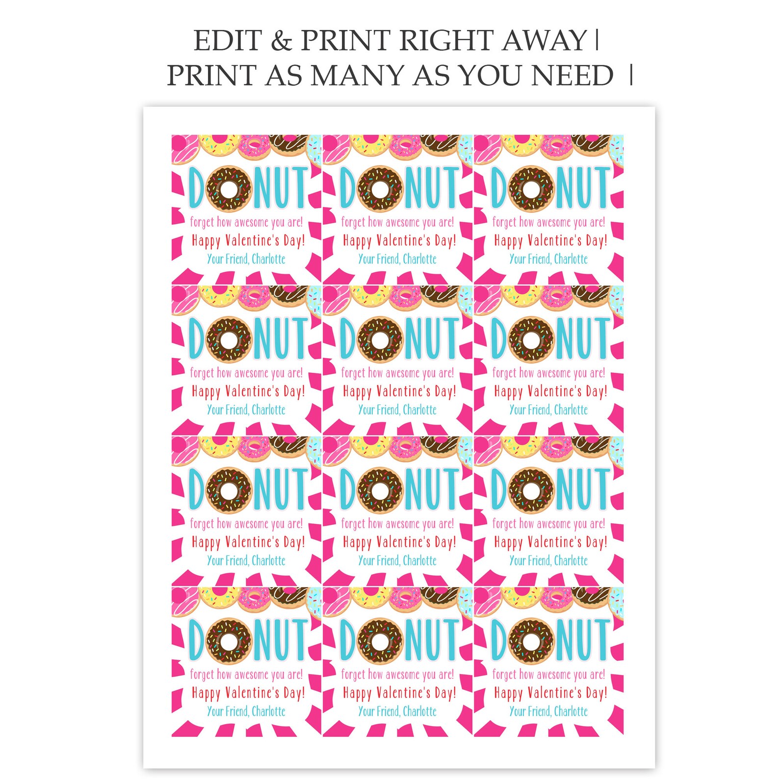 Donut Valentines Day Kids Cards Valentine's Day Tags - Etsy