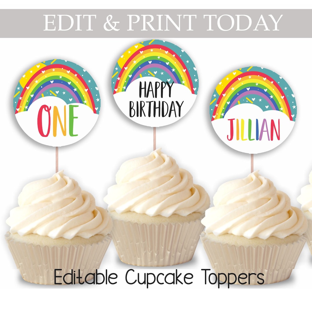 Rainbow Birthday Party Cupcake Toppers, Girl Birthday Cupcake Topper ...
