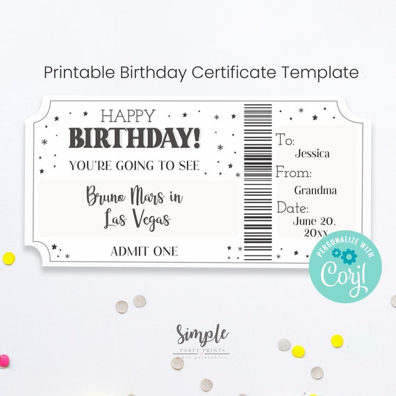 Printable Happy Birthday Concert Ticket Template, Show Certificate gift ...