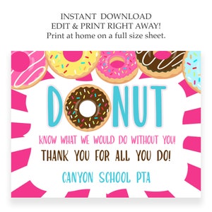 Donut Printable Full Size Sign, Printable Thank You, Teacher Gift ...
