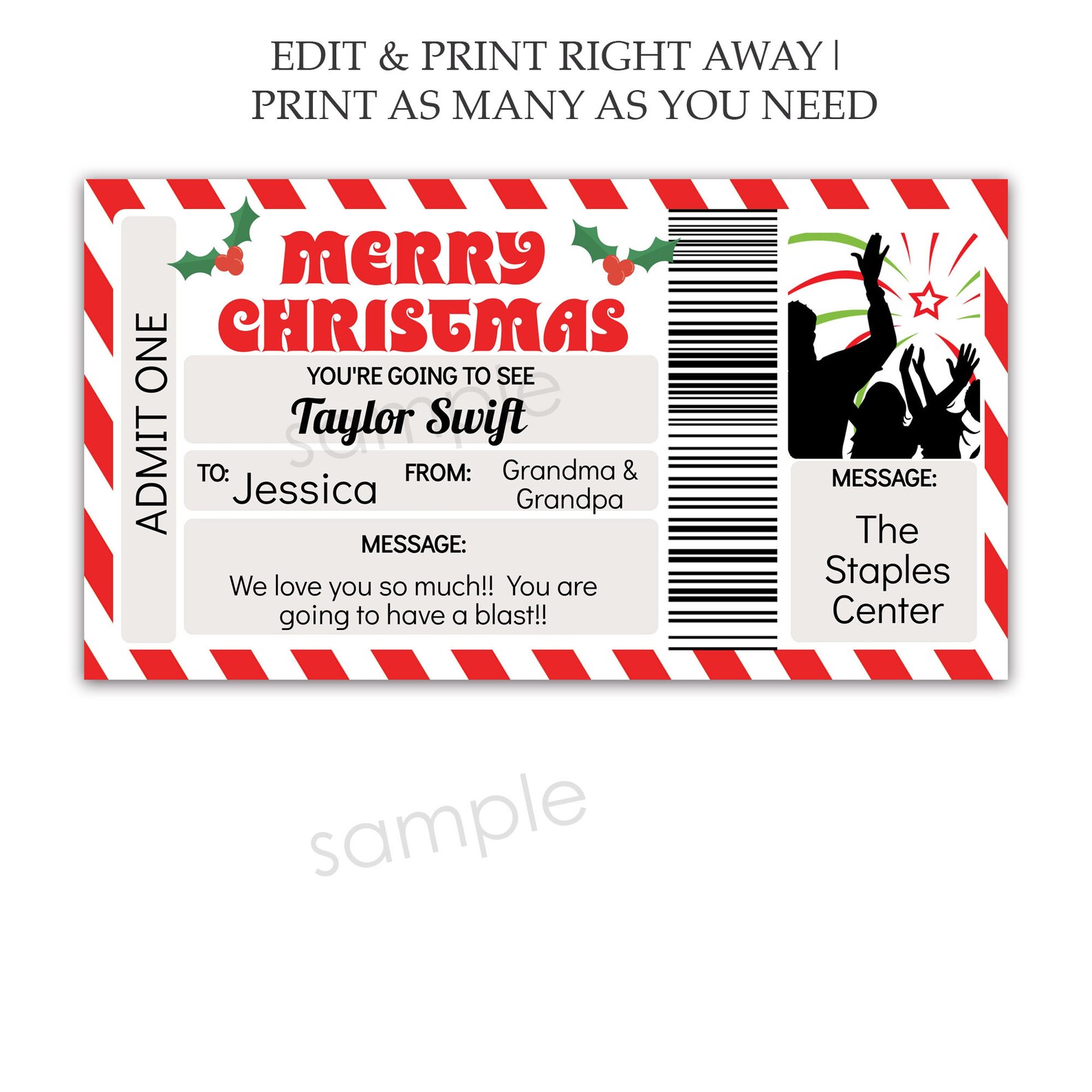 Editable Holiday Gift Christmas Concert Ticket Template - Surprise Show ...