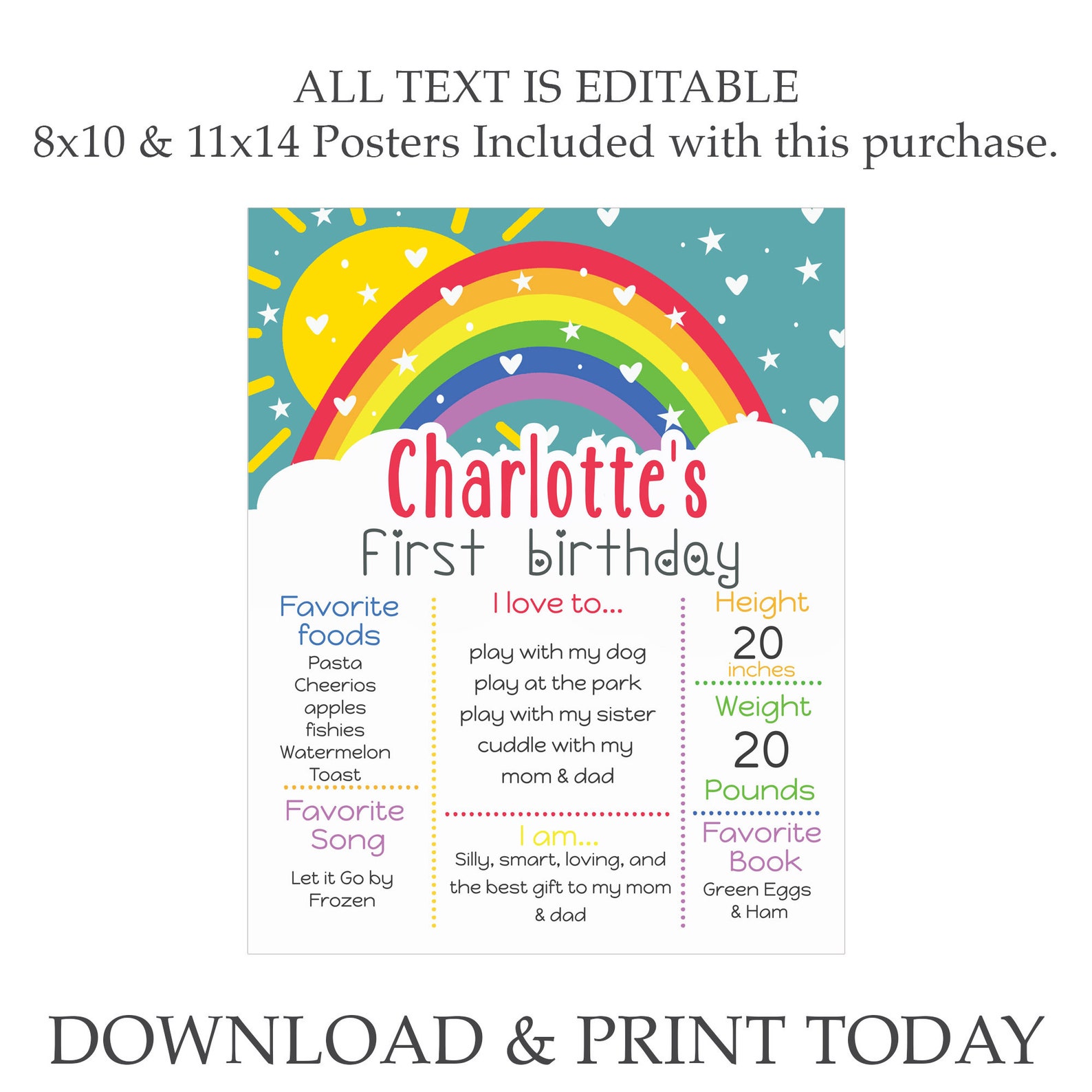 Editable Rainbow All About Me Poster, Girl Birthday Decorations ...