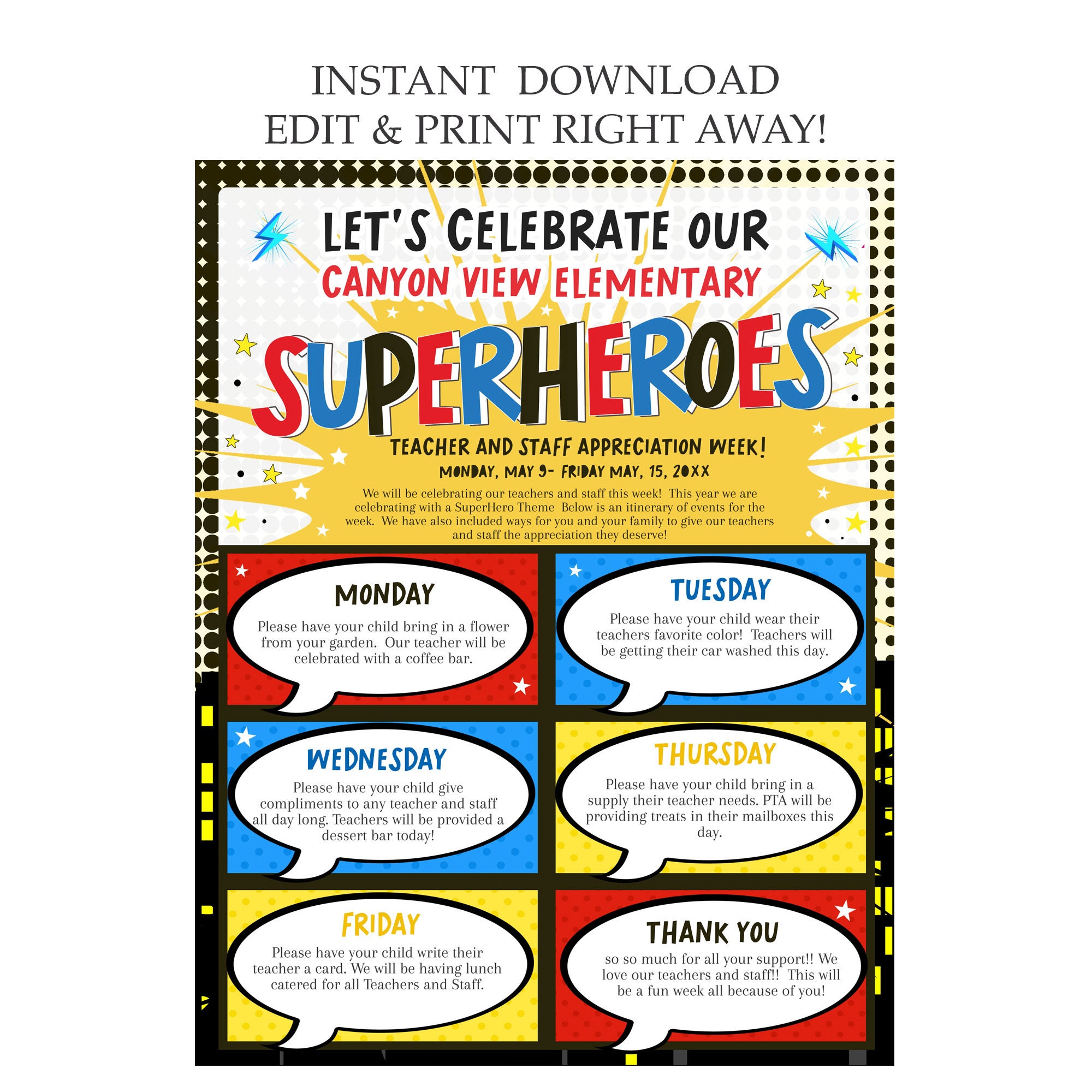 Editable Superhero Flyer, Teacher Appreciation Instructions Flyers ...