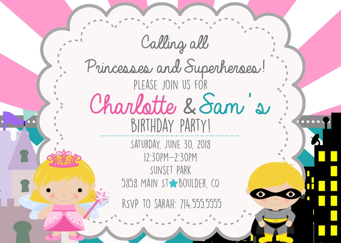 Superhero Princess Birthday Party Invitation Sibling Party | Etsy