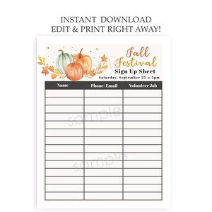Editable Fall Festival Volunteer Sign up Sheet | Instant Printable ...