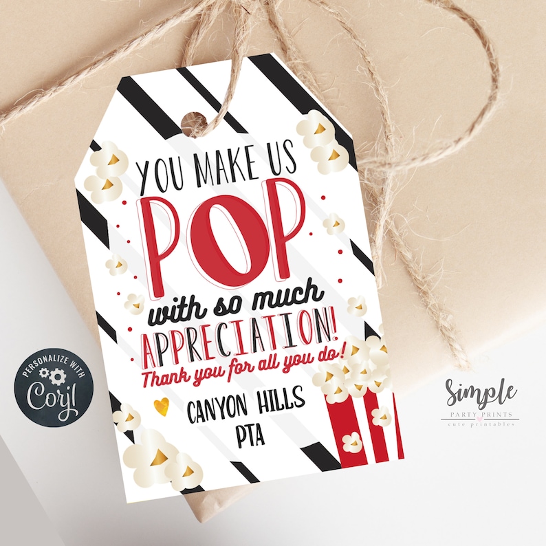 Printable Teacher Appreciation Popcorn Tags, Cute Poppin by Thank You ...
