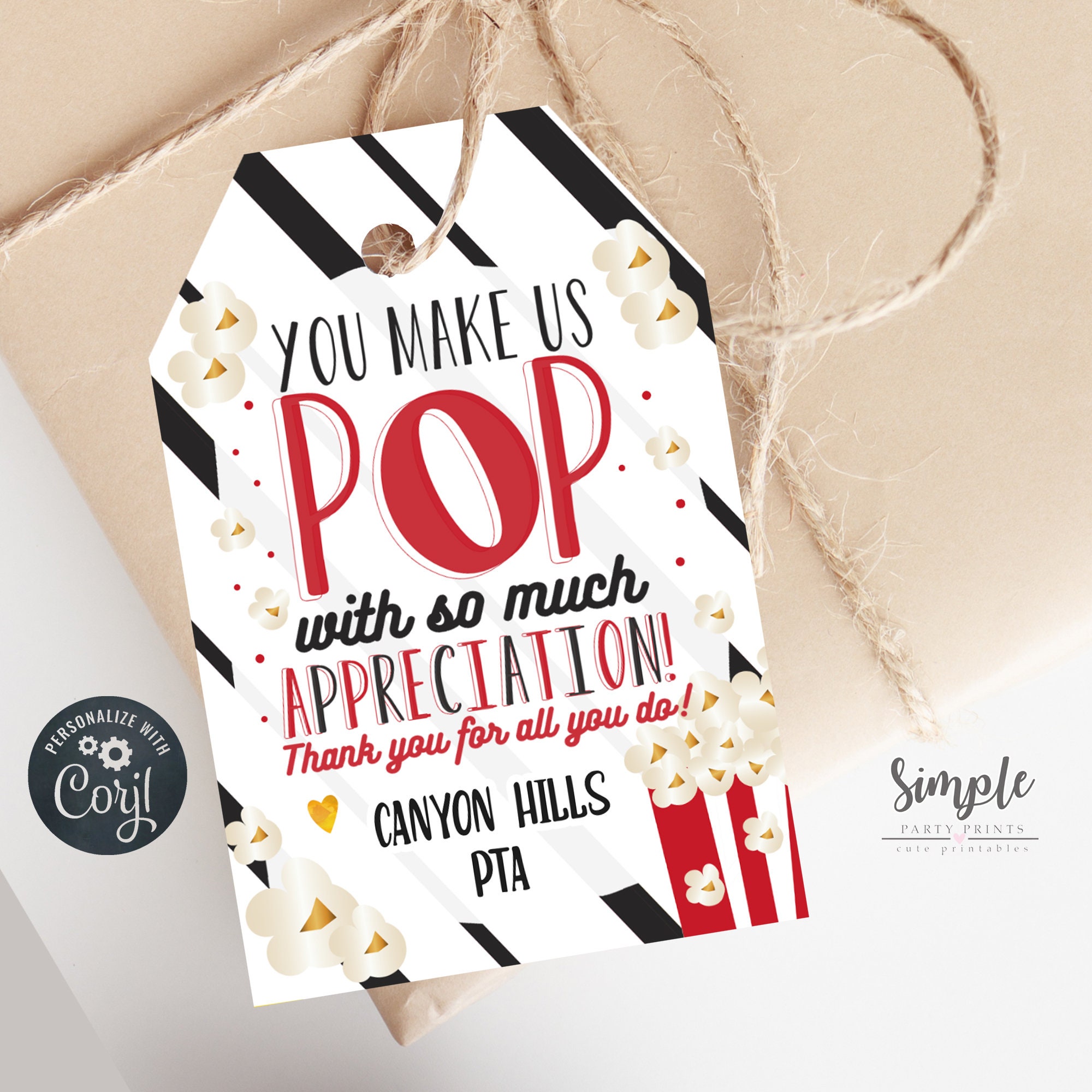 Printable Teacher Appreciation Popcorn Tags, Cute Poppin by Thank You ...