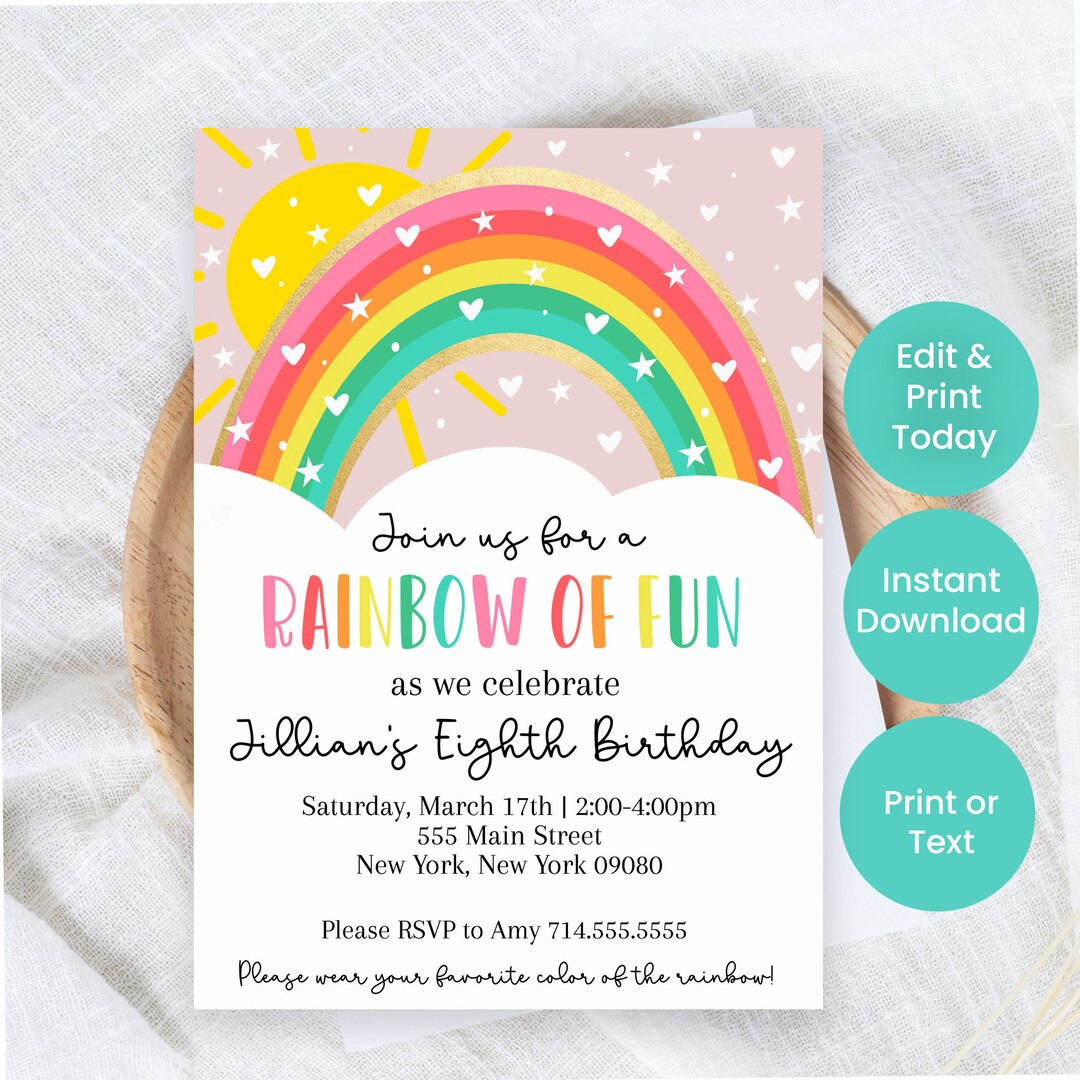 Rainbow Birthday Party Invitations | Girl Birthday Invite | Editable ...