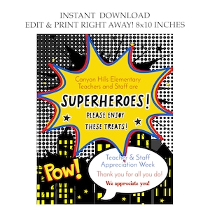 Printable Superhero Themed 8x10 Sign, Teacher Appreciation Thank You ...