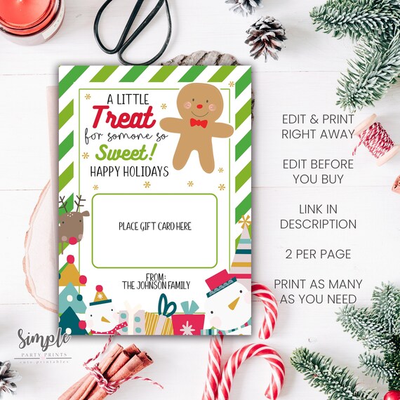 Printable Holiday Christmas Gift Card Holder, Editable Sweet Treat ...