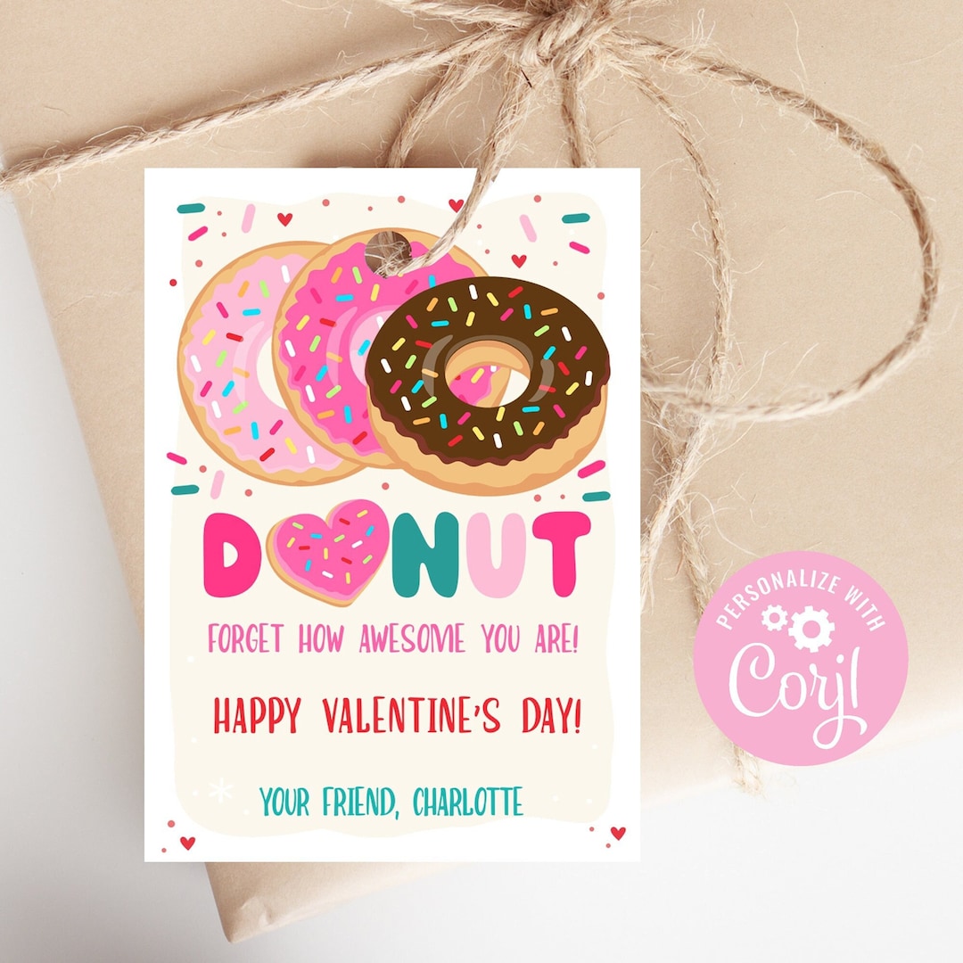 Donut Valentines Day Kids Cards, Valentine's Day Tags, Valentine Card ...