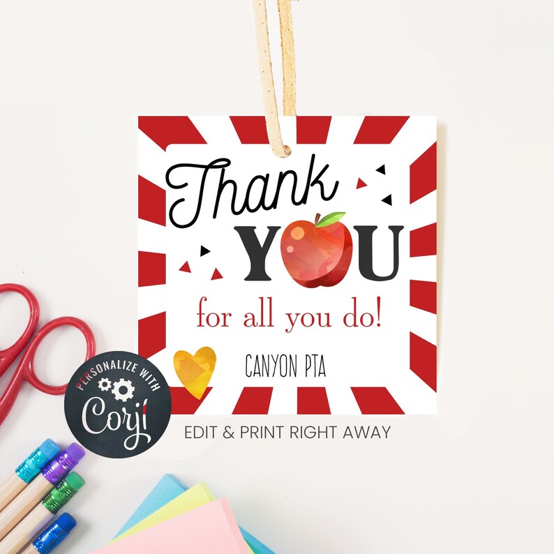 Printable Thank You Gift Tag for Teachers PTA PTO Gift - Etsy