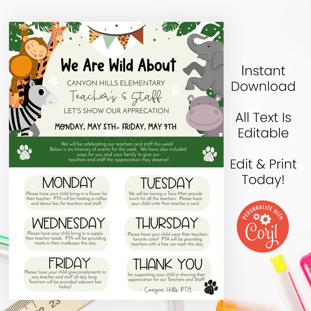 Safari Animal Themed Teacher Appreciation Instructions Template ...