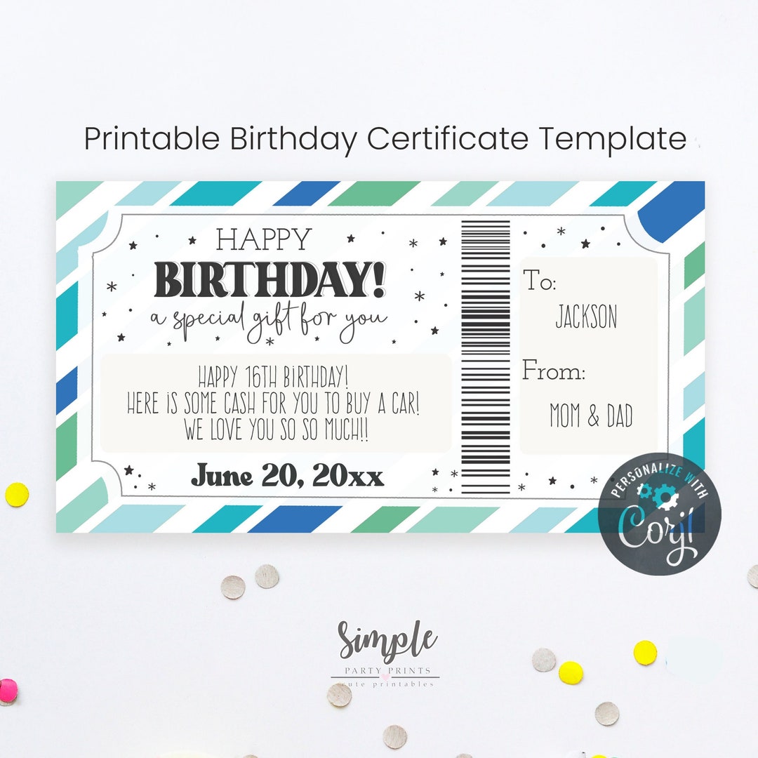 Editable Birthday Gift Voucher, Printable Bday Certificate Template ...