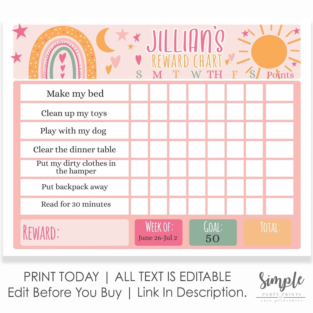 Kids Reward Chart - Printable Chore Charts for Children - Editable ...